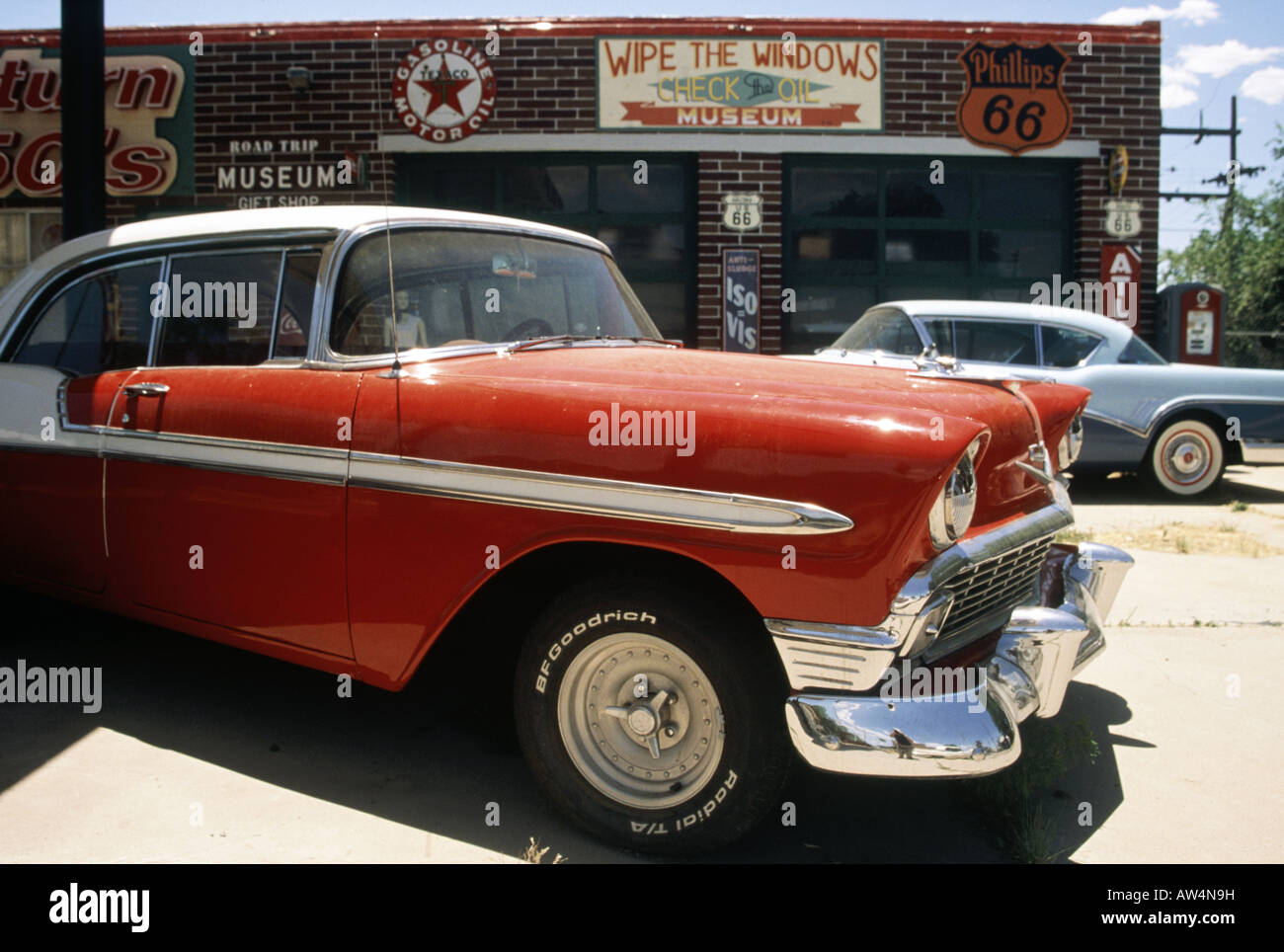 American classic 1950Õs model car Red Route 66 Transport museum Stock ...