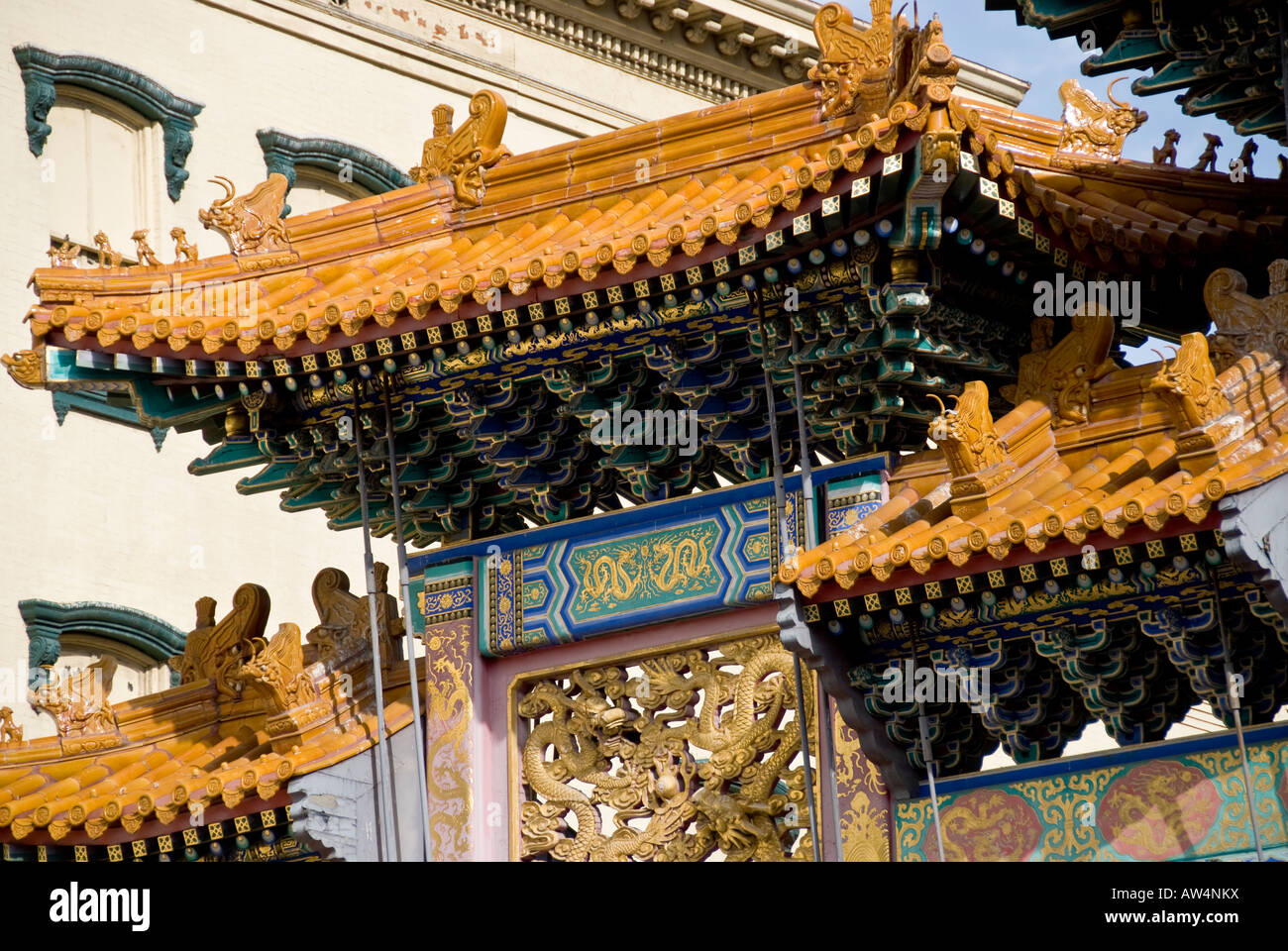 Ornate Chinese gate over the main street of Chinatown in Washington DC ...