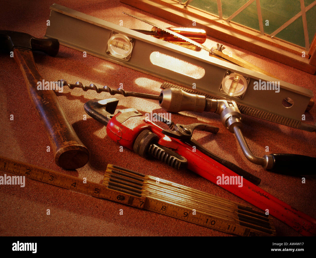 Hand tools on a workbench Stock Photo - Alamy