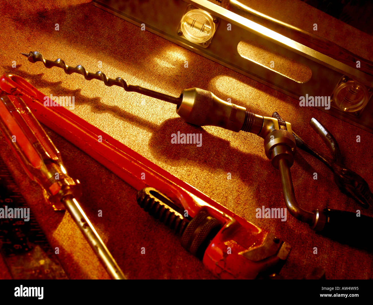Hand tools on a workbench Stock Photo - Alamy