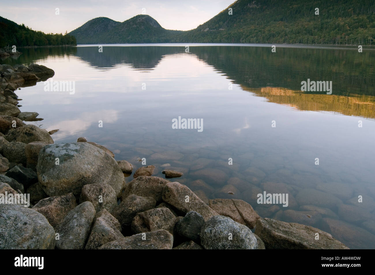 Sunrise looking over Jordan Pond towards Bubble Rock Jordan Pond ...
