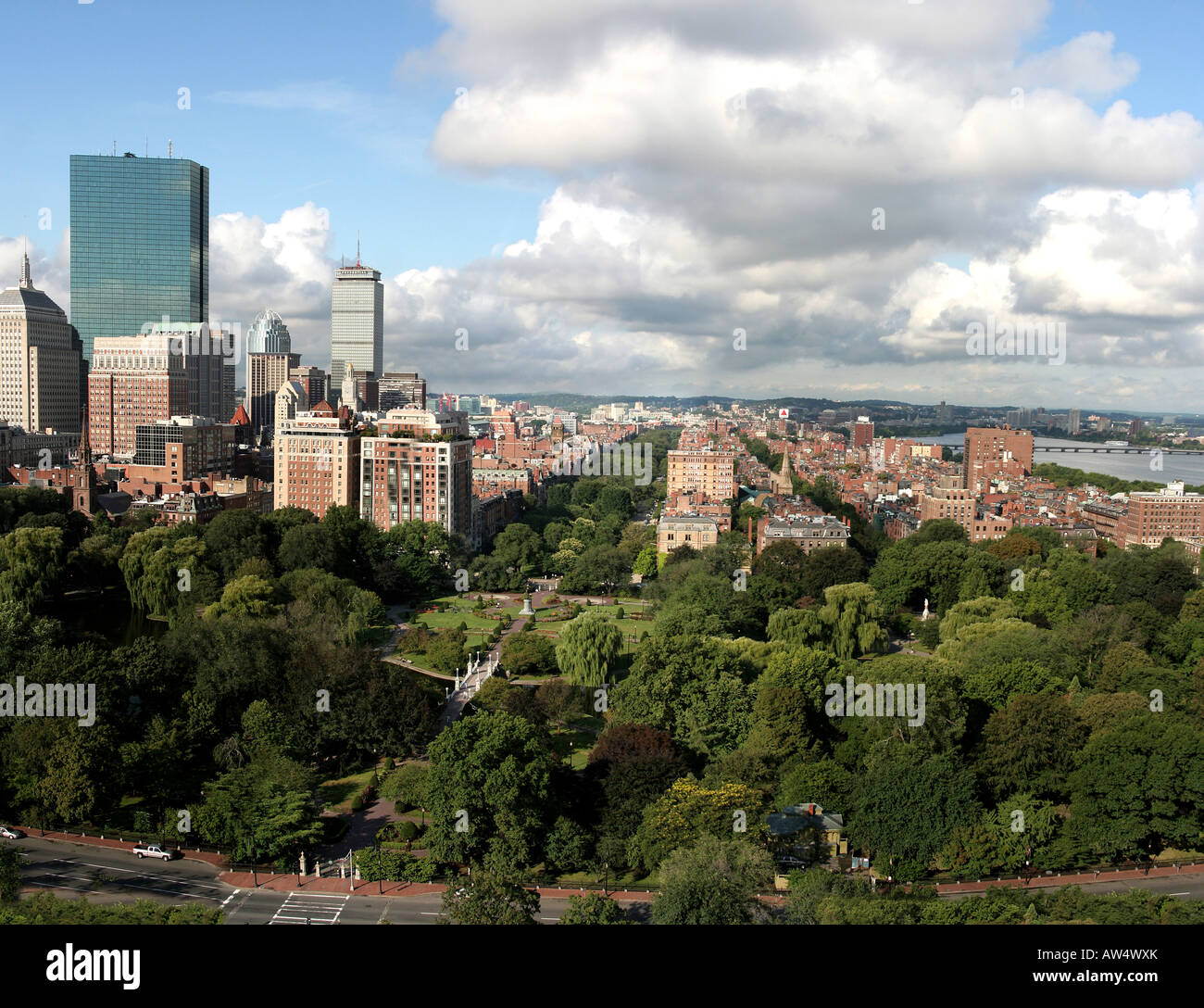 Aerial view of the Boston skyline Public Garden and Commonwealth Avenue ...