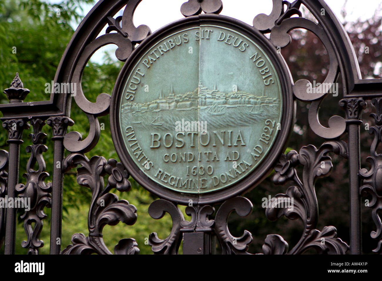 The seal of the city of Boston on the gates of the Public Garden Stock ...
