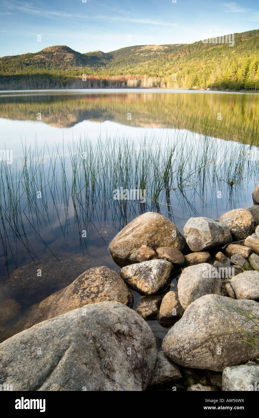 Sunset along Upper Hadlock Lake with a view of Bald Peak Acadia ...