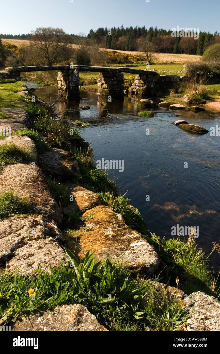 An ancient clapper bridge at Post Bridge Dartmoor Stock Photo - Alamy