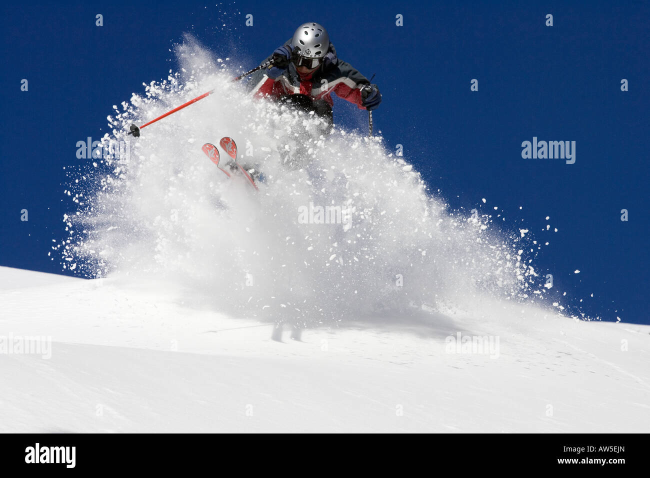 Skier jumping off cornice on Bald Mountain in Telluride ski area, San ...