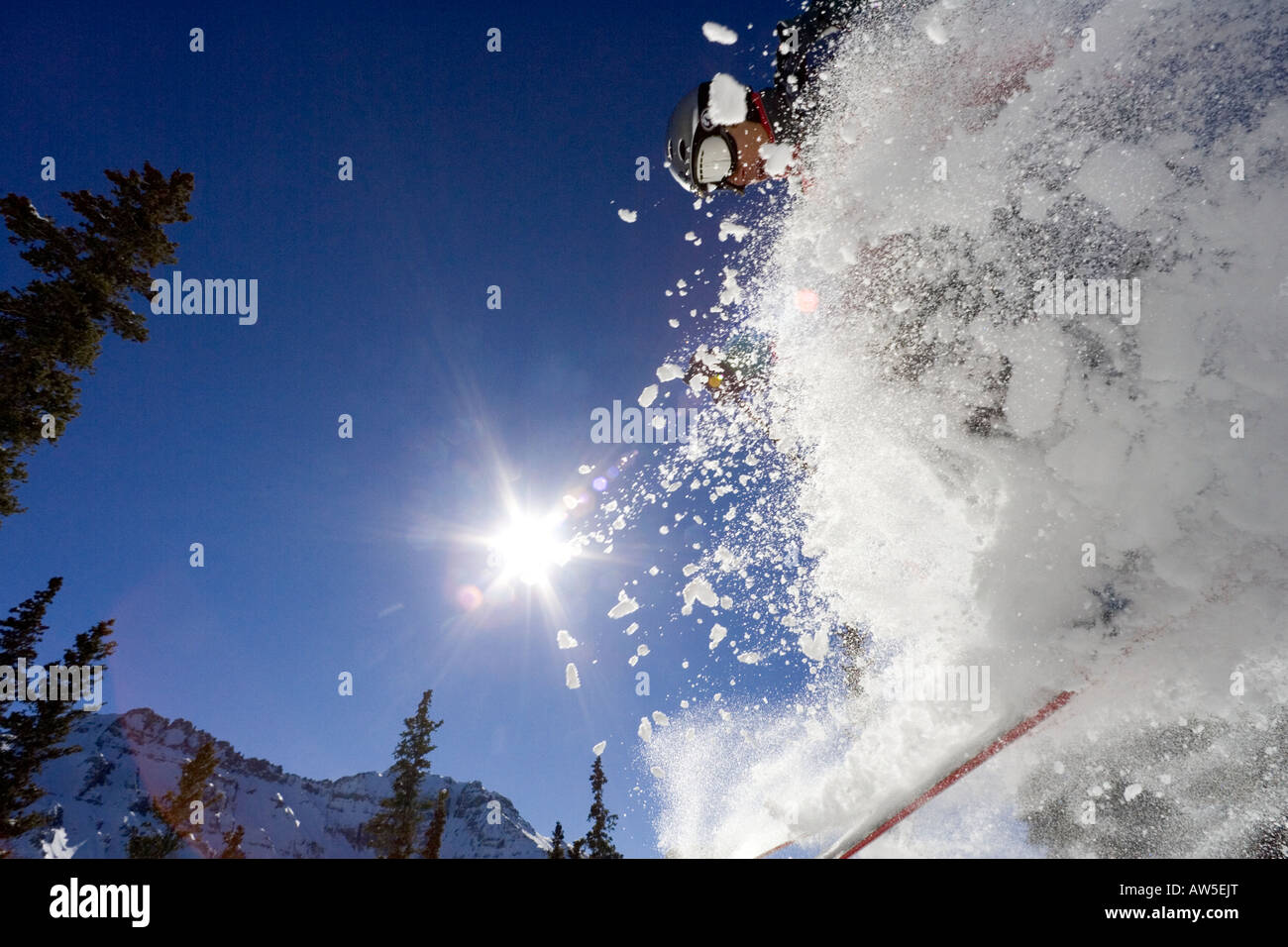 Skier jumping off cornice on Bald Mountain in Telluride ski area, San ...