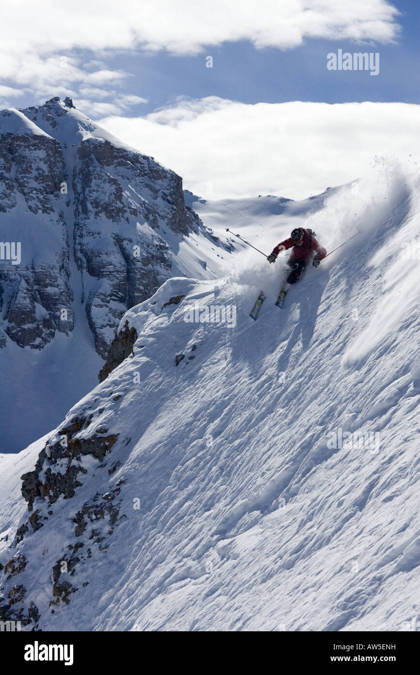 Skier descending through steep deep powder, San Juan Range Stock Photo ...
