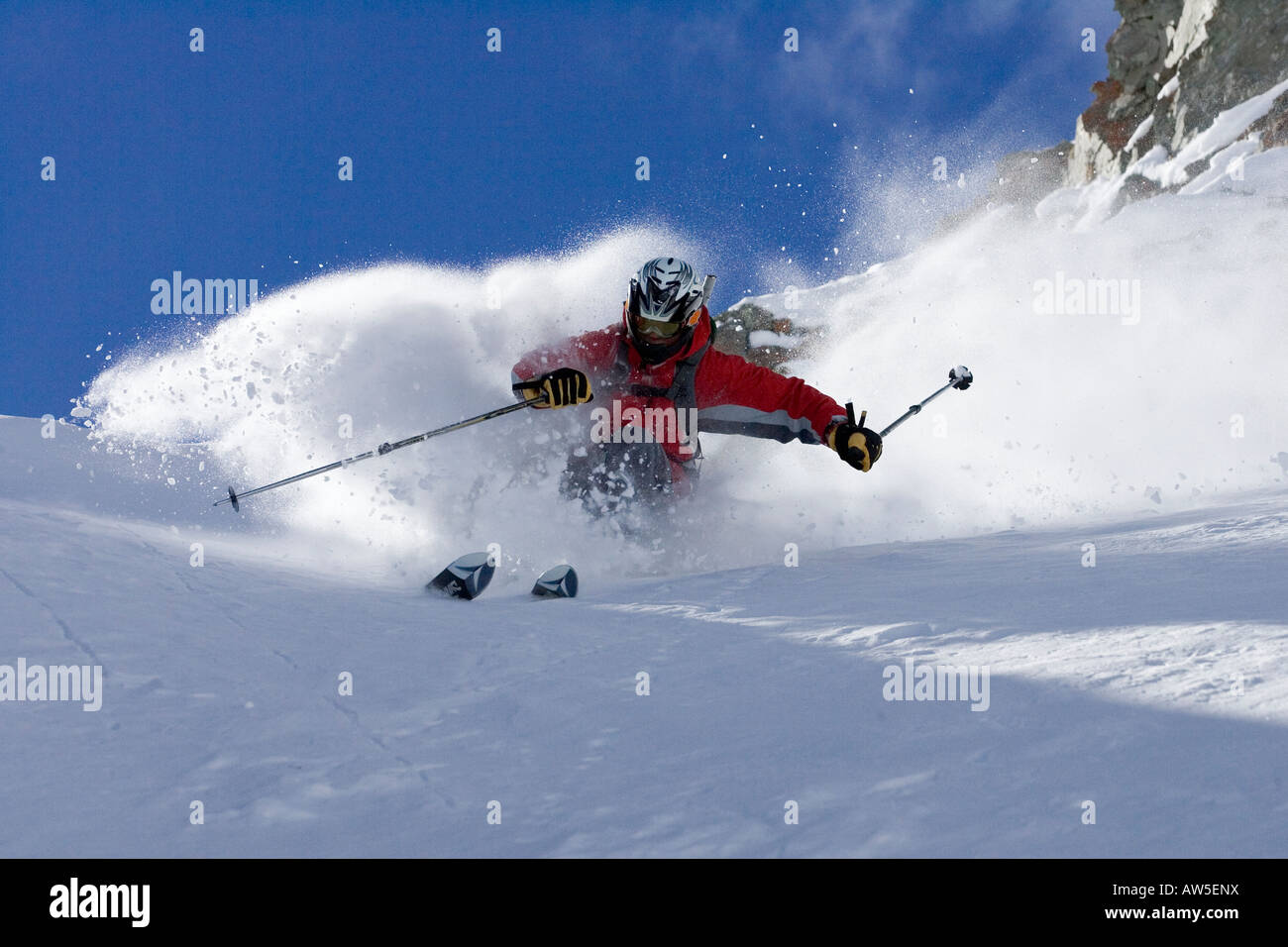 Skier descending through steep deep powder, San Juan Range, Rocky ...