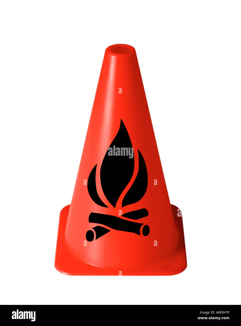 bright red safety cone with fire sign printed on against white cutout ...