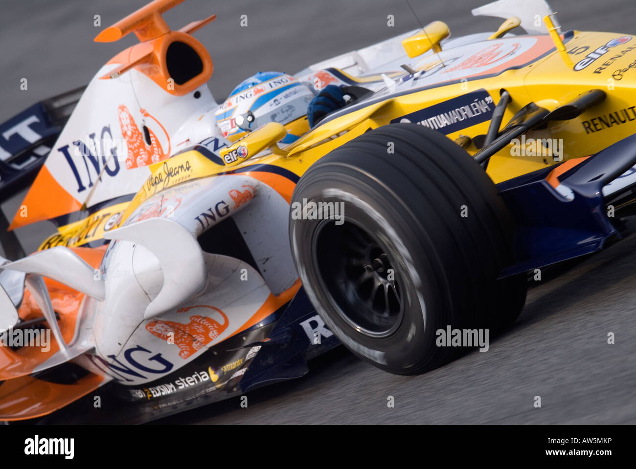 Fernando Alonso ESP in the Renault R28 racecar during Formula 1 testing ...