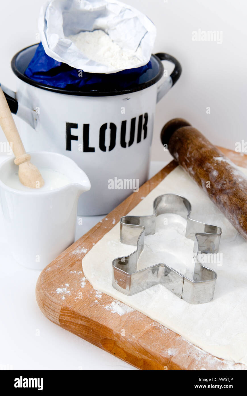 Home baking; vintage flour tin, vintage rolling pin, shortcrust pastry ...