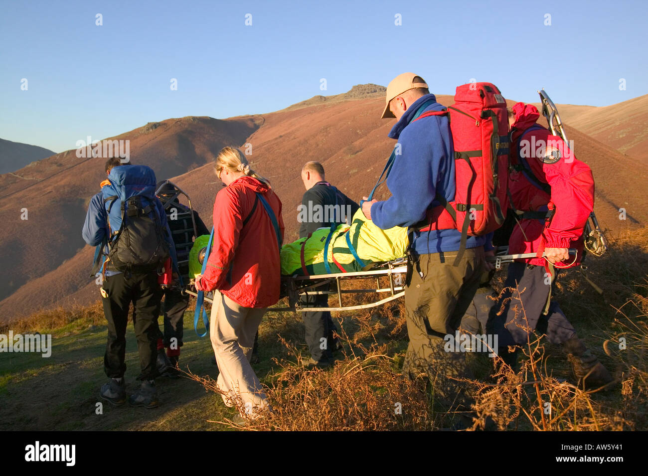 Members of the Langdale Ambleside mountain rescue Team stretcher an ...