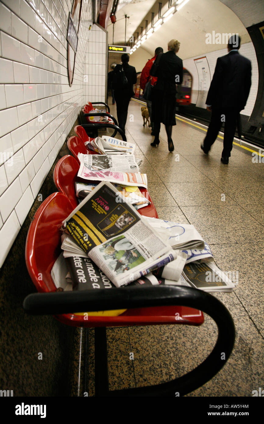 Newspapers discarded on the platform of Chancery Lane tube station ...