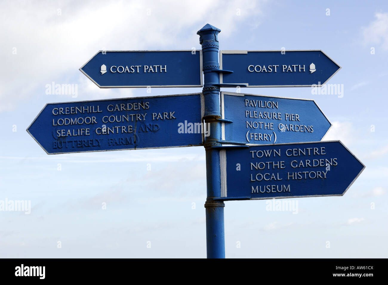 Seafront blue pedestrian sign in Weymouth, Dorset pointing the way to ...