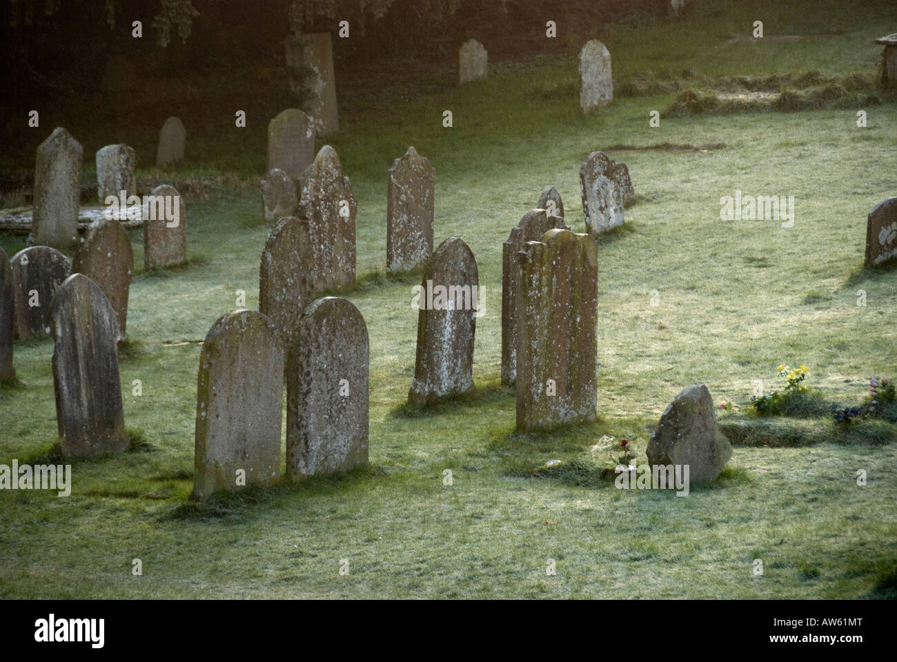 a graveyard with tombstones in near hay on wye Stock Photo - Alamy