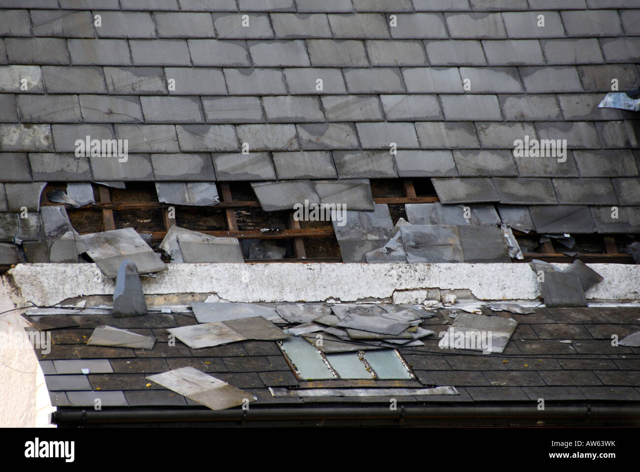 Storm damage to slated roof Stock Photo - Alamy