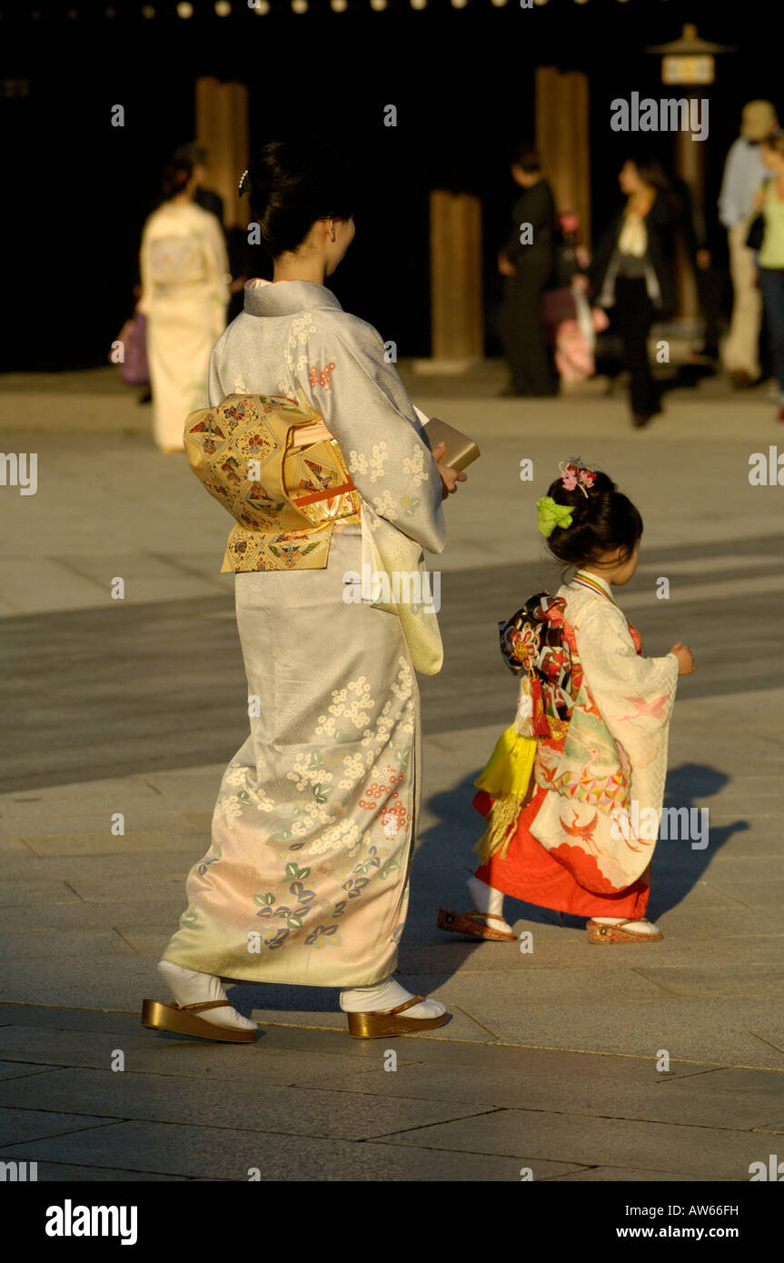 Mother And Daughter In Traditional Kimonos At Tokyos Meiji Shrine