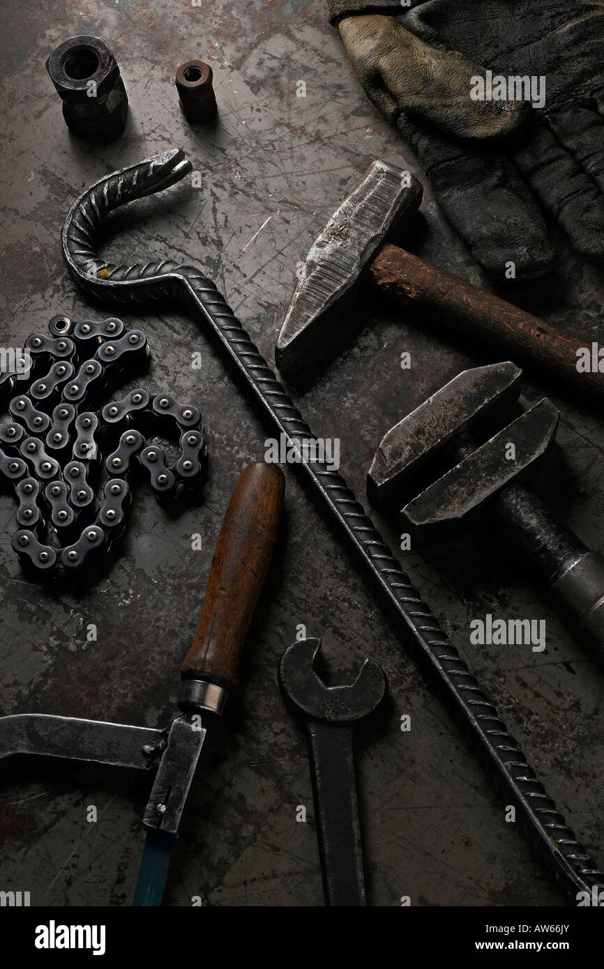 tools scattered on the grunge floor Stock Photo - Alamy