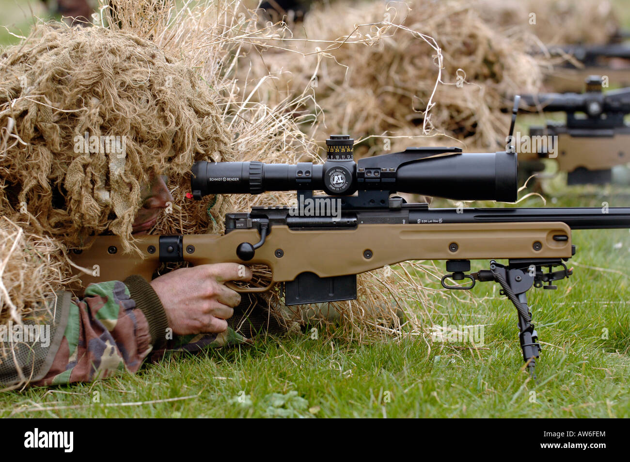 British Infantryman with a long range sniper rifle L115A3 which has a ...