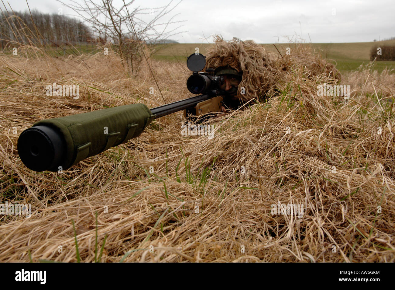 British Infantryman with a long range sniper rifle L115A3 which has a ...