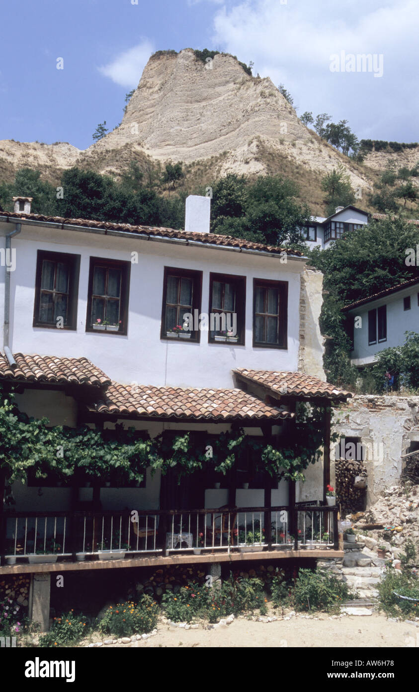 Typical Bulgarian living house and characteristic cliffs in Melnik city ...