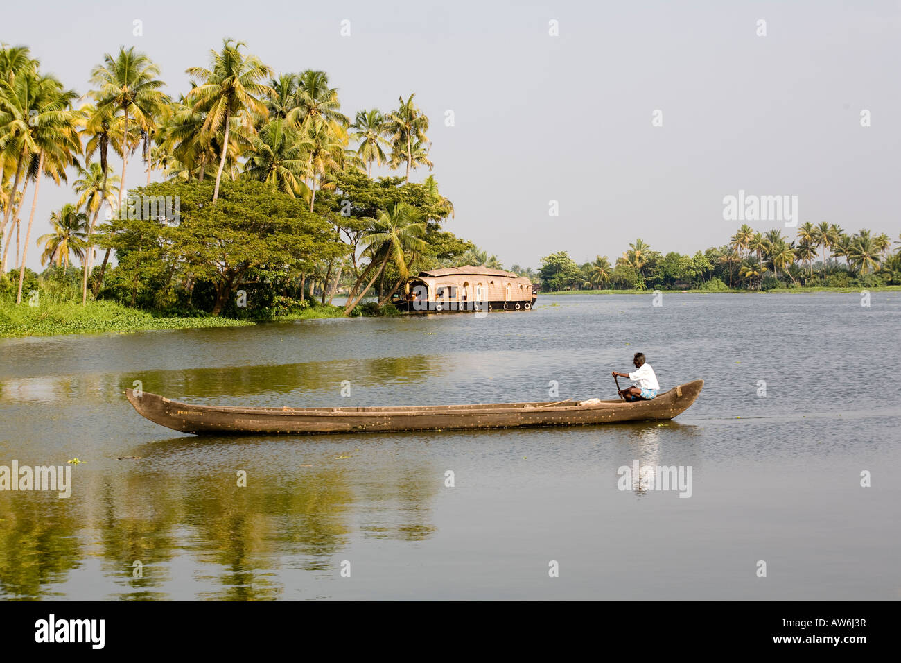 Man rowing a long boat, Kuttanad Backwaters, near Kainakary, Alleppey ...