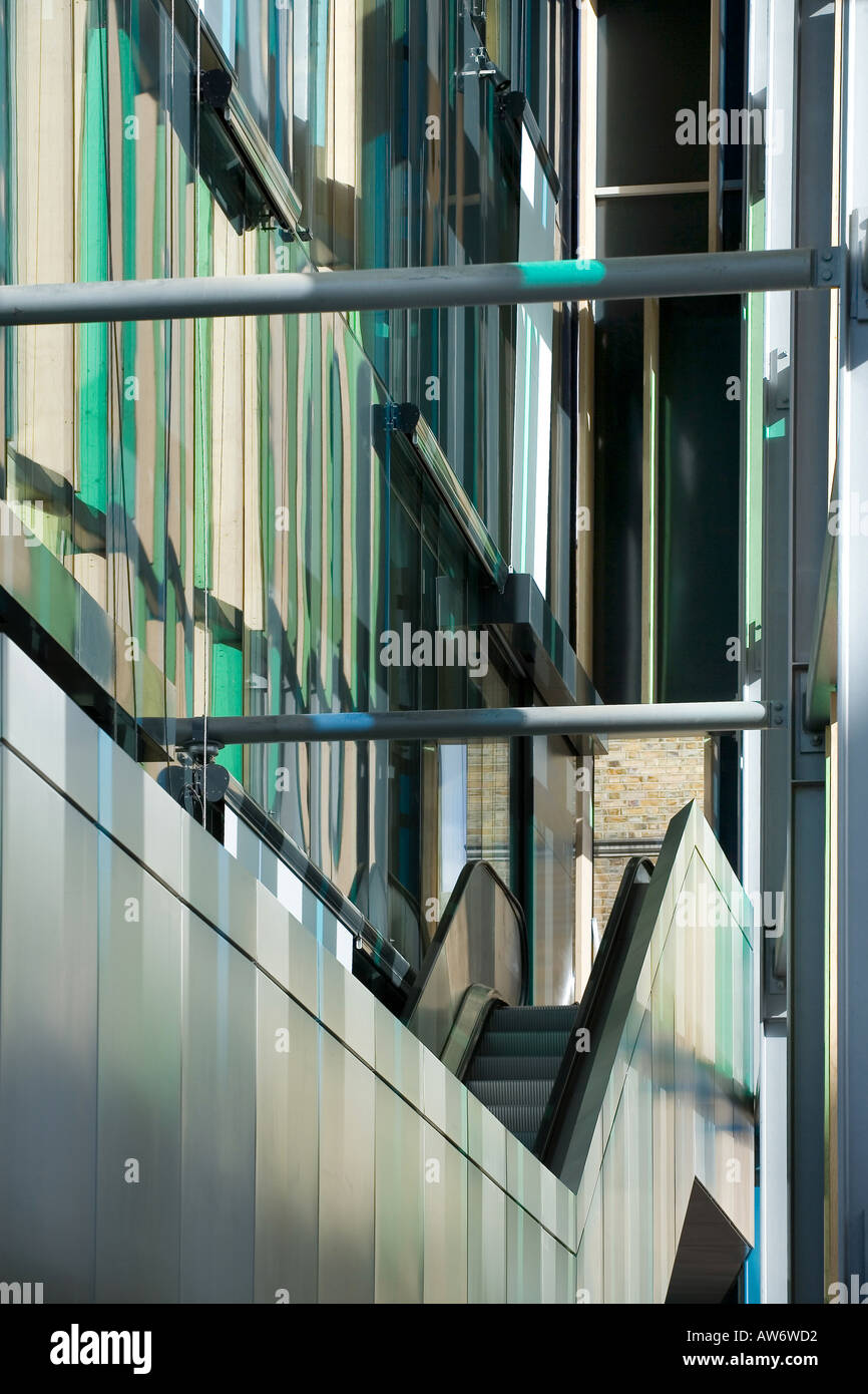 Idea Store, Whitechapel, London, 2005. Staircase behind glazed facade ...