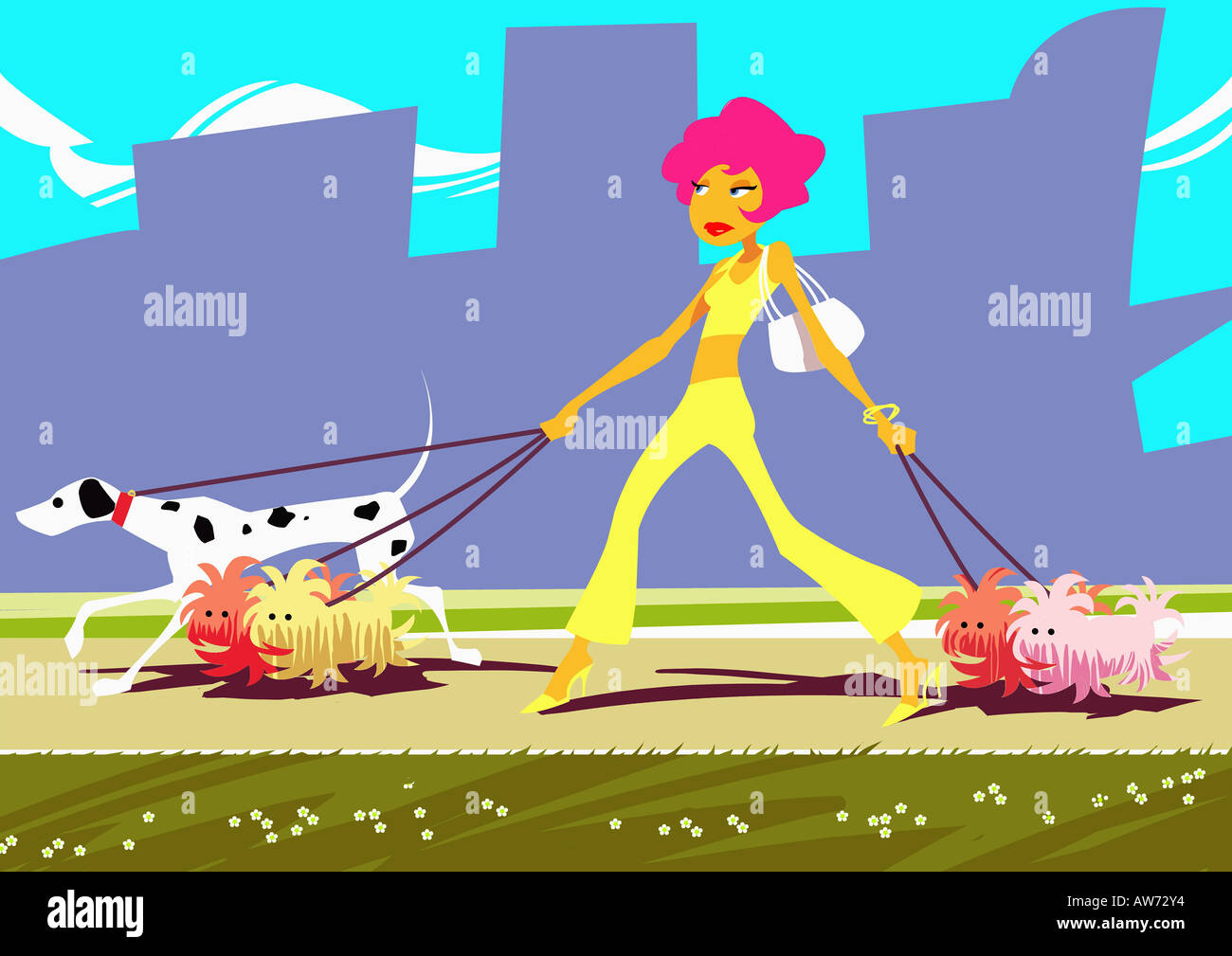 Athletic woman walking five dogs together Stock Photo - Alamy