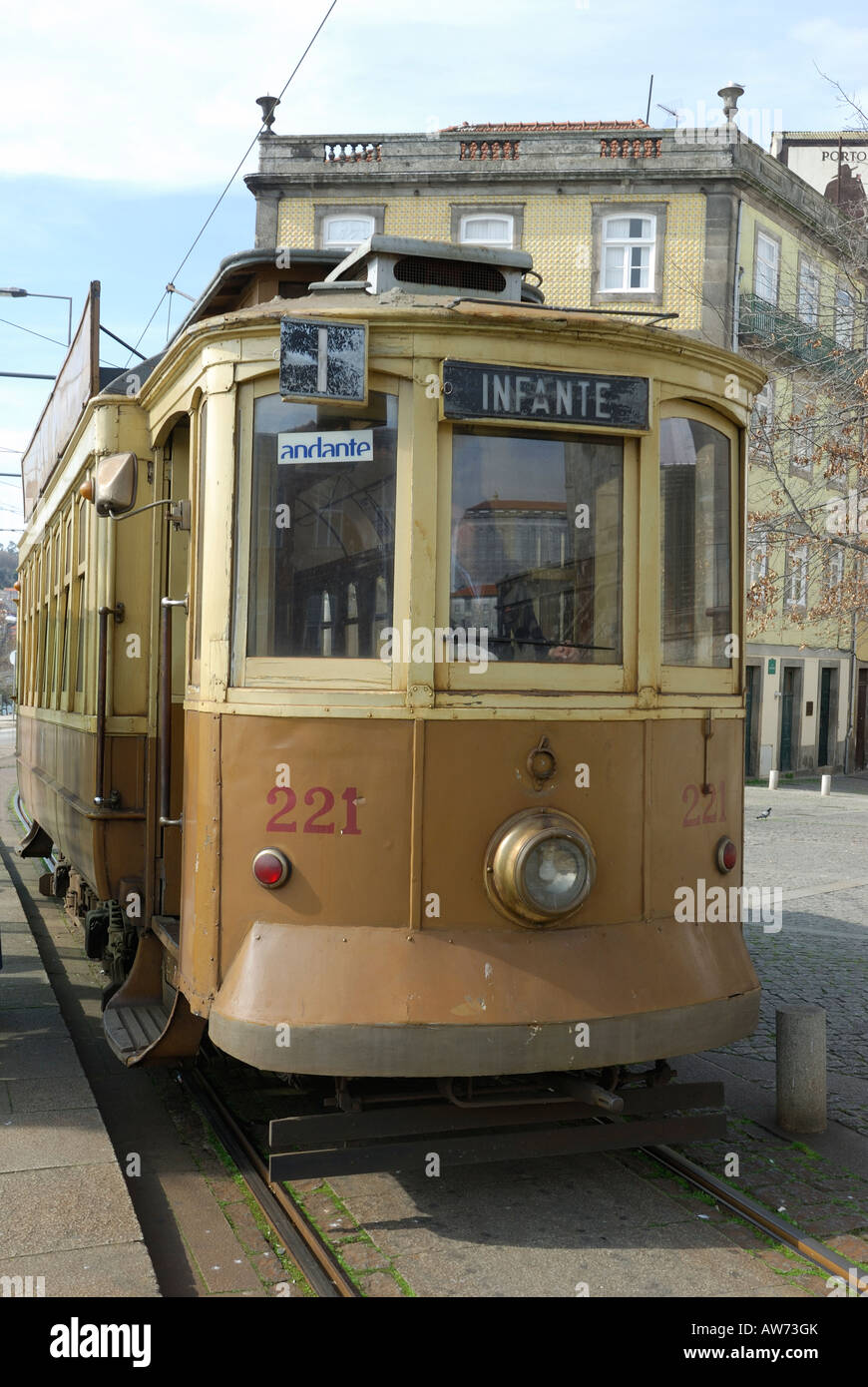Front view of a tram that runs along a coastal route in Porto, Portugal ...