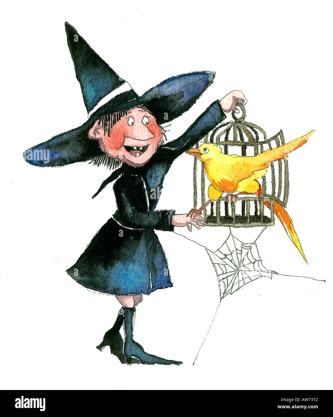 Happy witch with her pet bird Stock Photo - Alamy