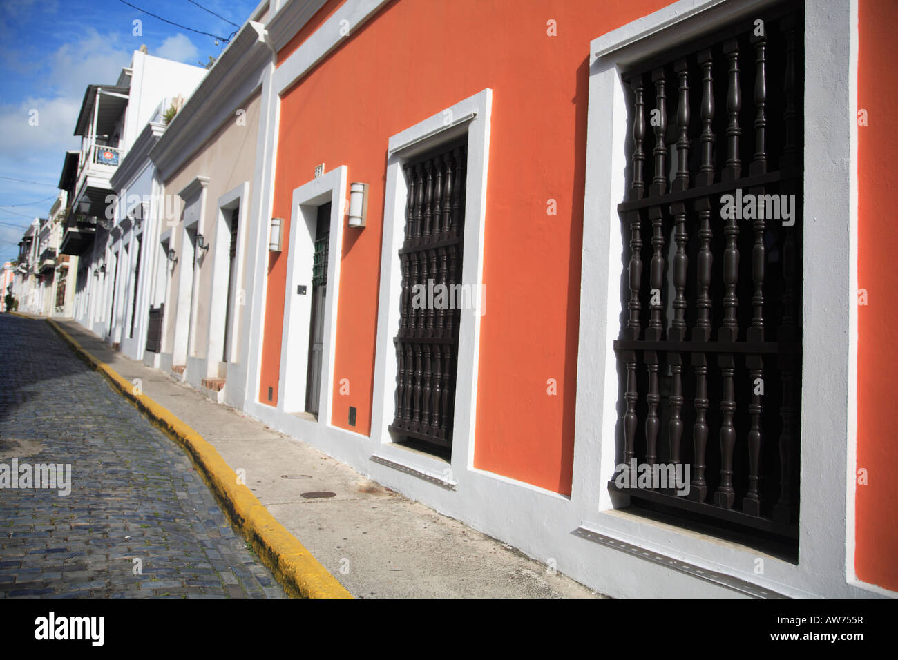 Cobblestone lane Colorful colonial architecture Old San Juan Puerto ...