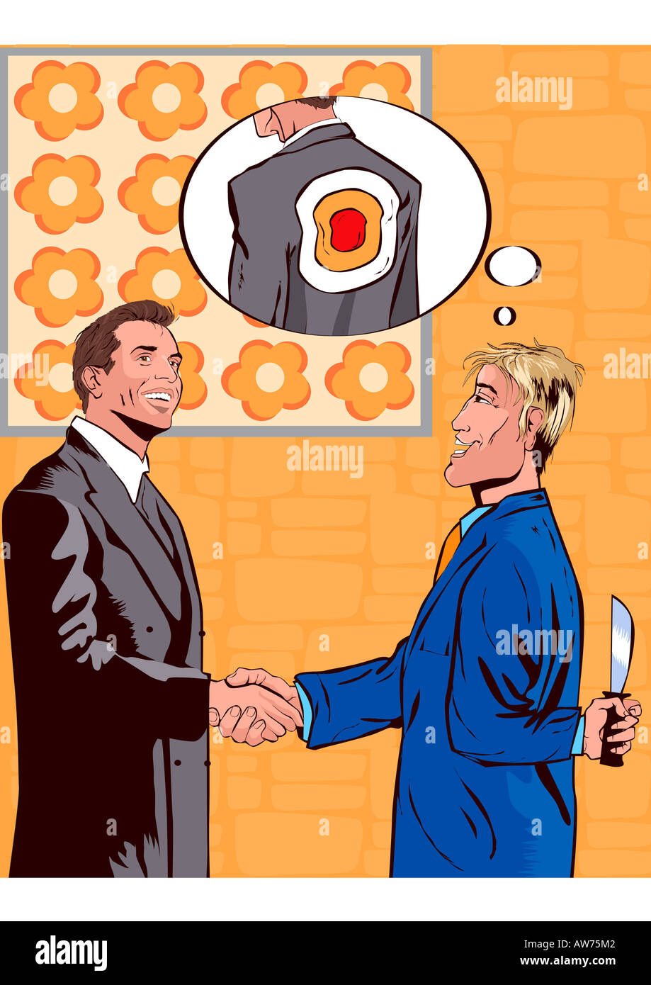 Businessmen shaking hands while one is ready to backstab the other ...
