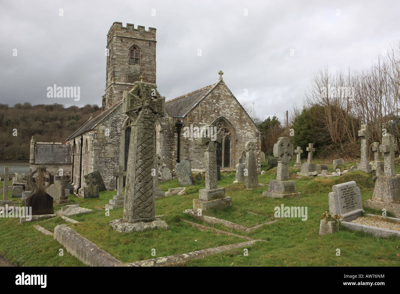 Celtic crave stones in the church yard at St Winnow Stock Photo - Alamy