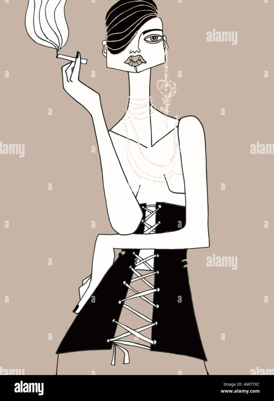Woman in corset and short hair smoking a cigarette Stock Photo - Alamy