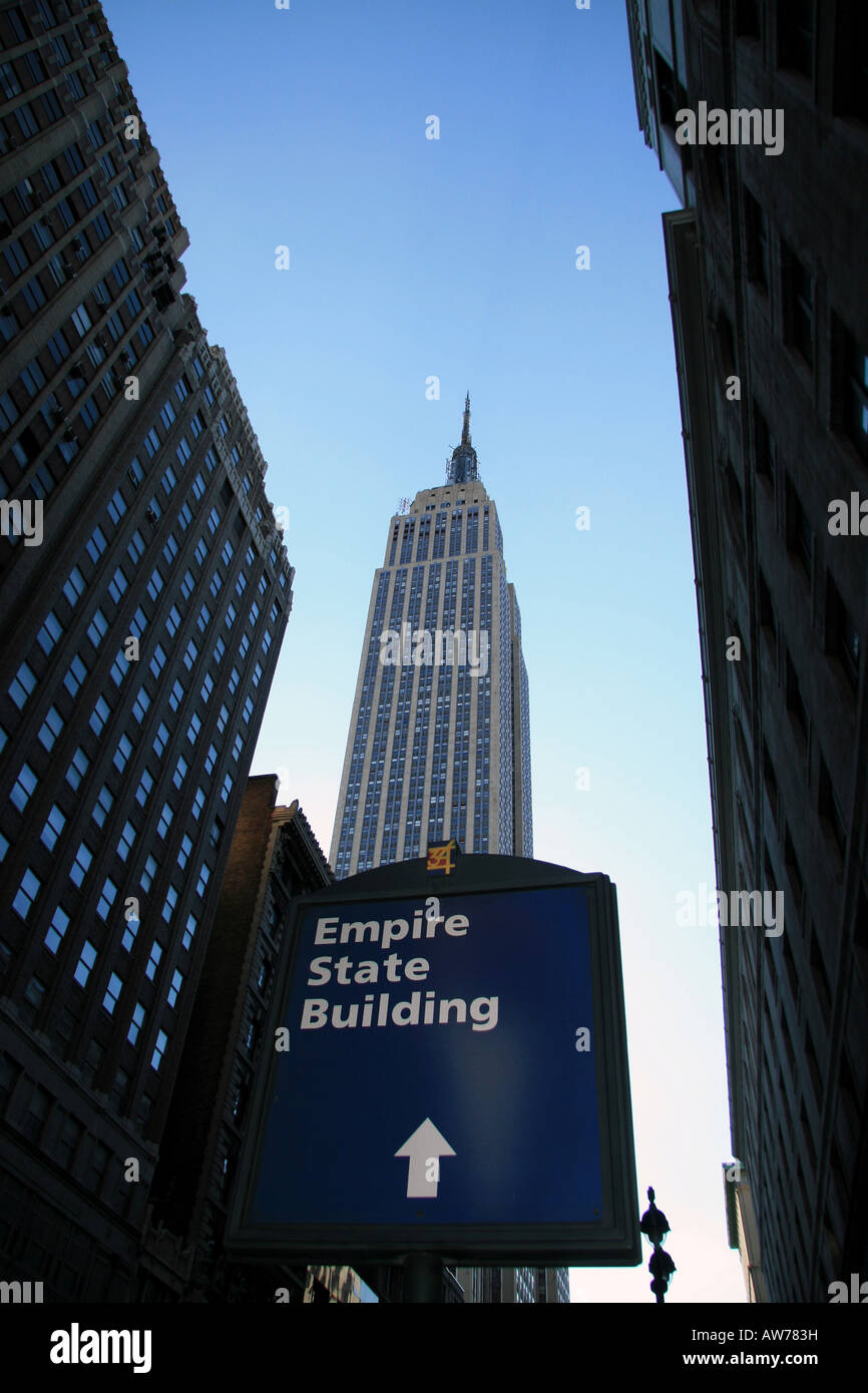 The Empire State Building with signpost from 34th Street in New York ...