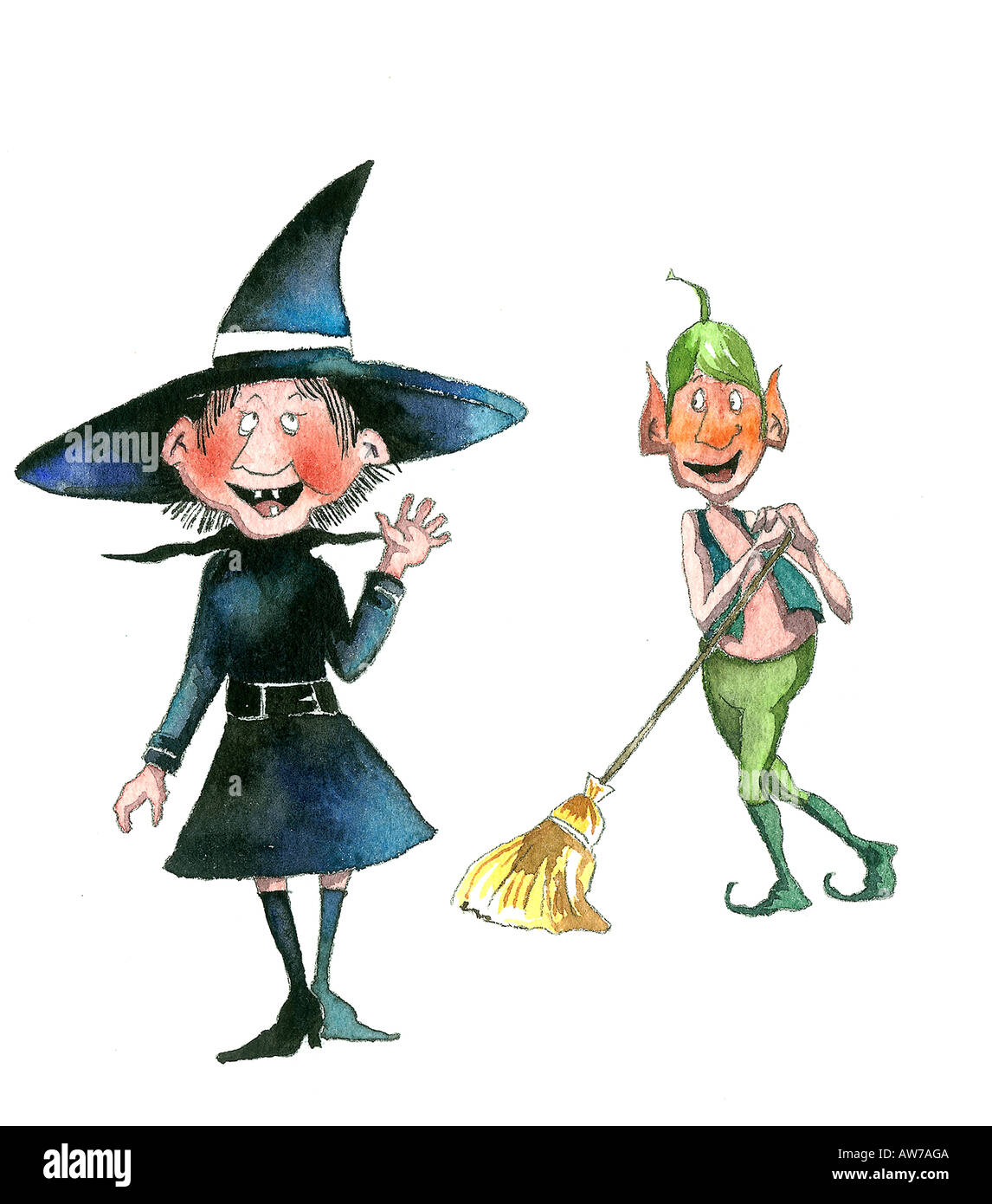 Witch waving at elf Stock Photo - Alamy