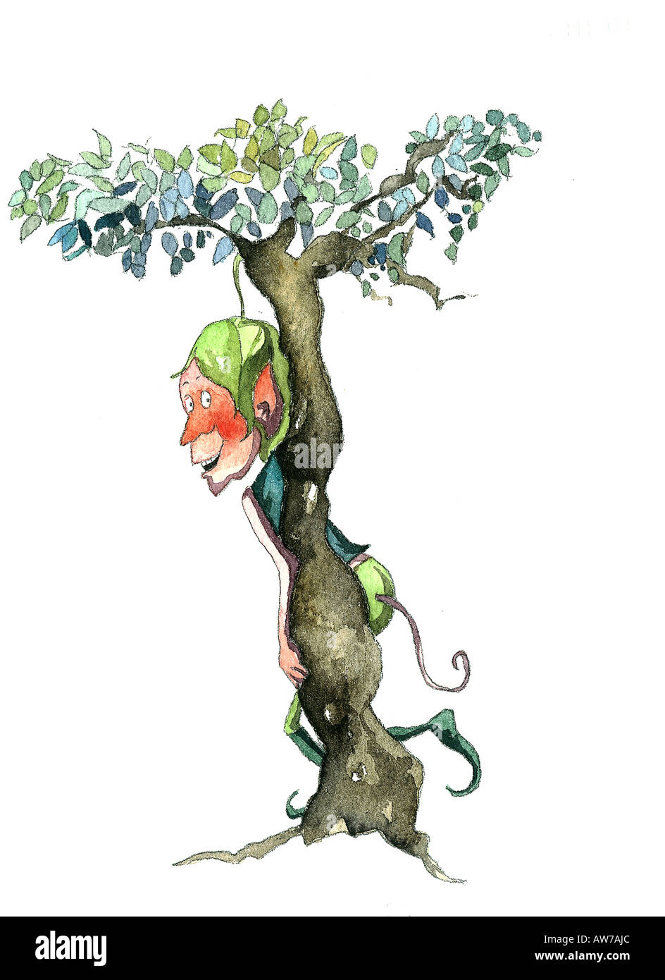 Elf hiding behind a tree Stock Photo - Alamy