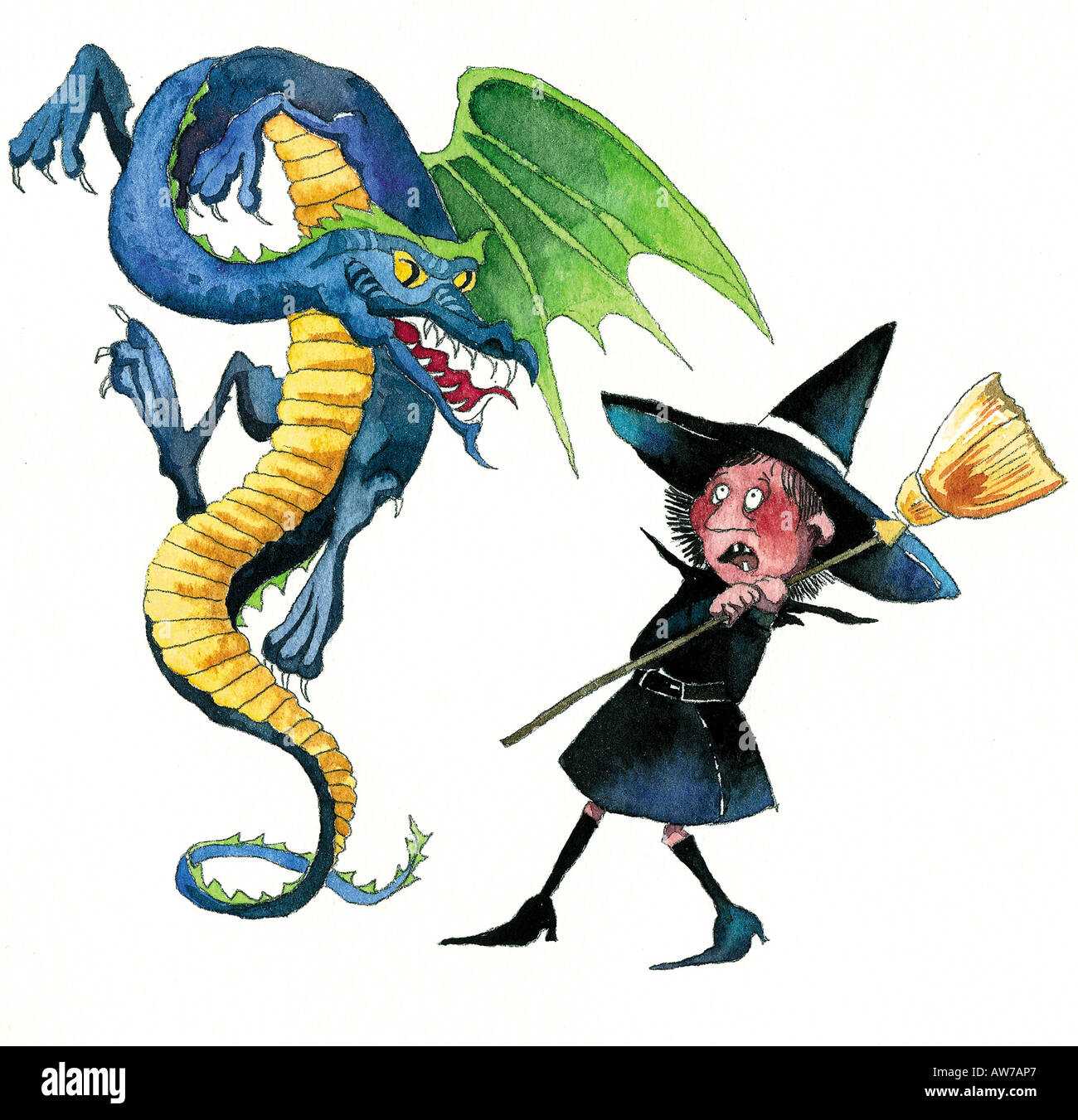 Dragon scaring witch Stock Photo - Alamy