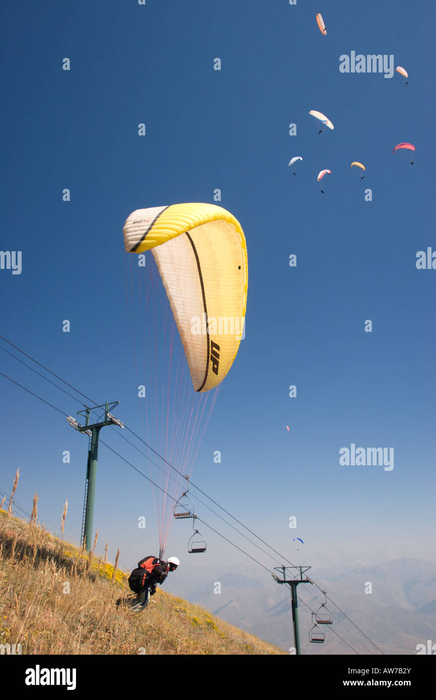 Pilot launching paraglider at Sun Valley Mountain Resort Stock Photo ...