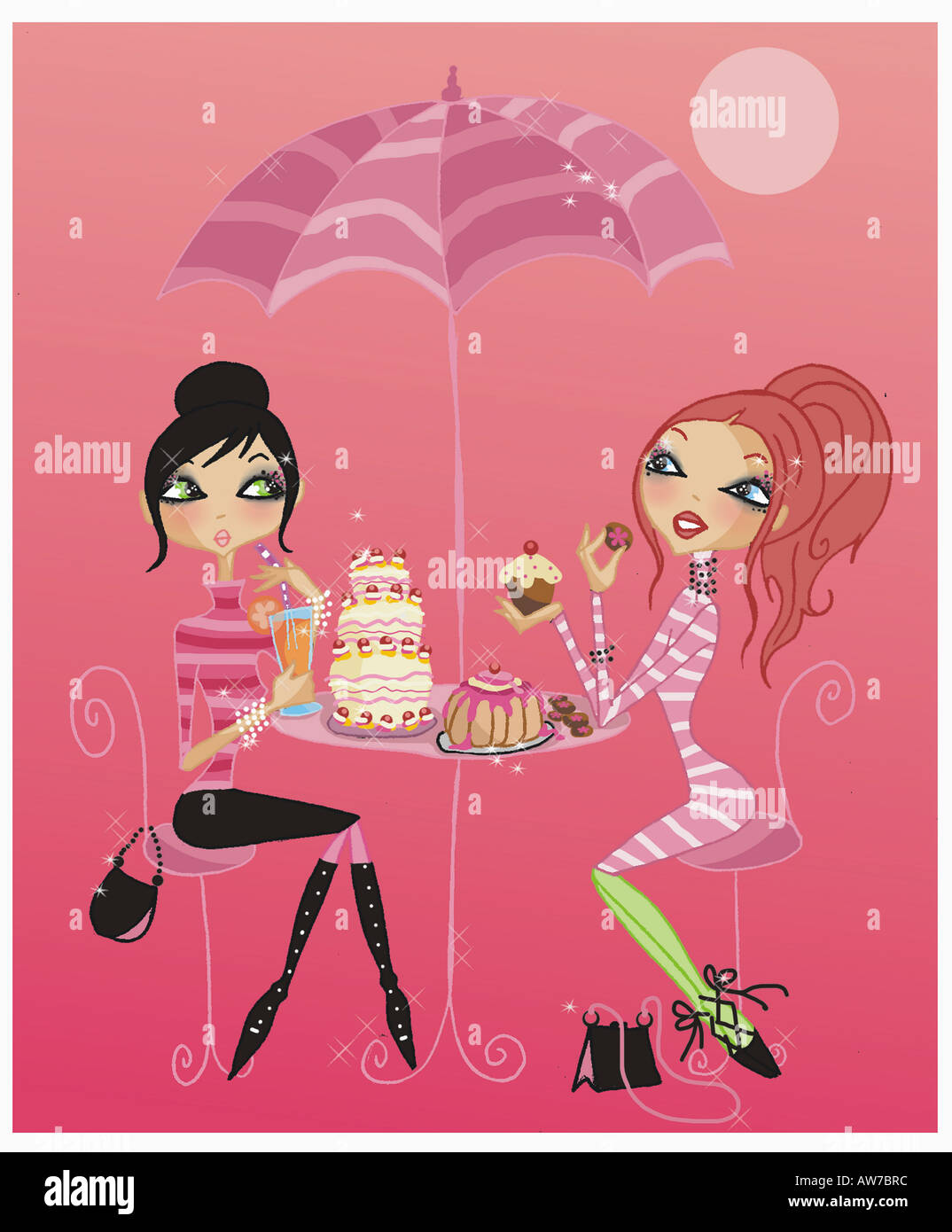 Two young women at a cafe with sweets Stock Photo - Alamy