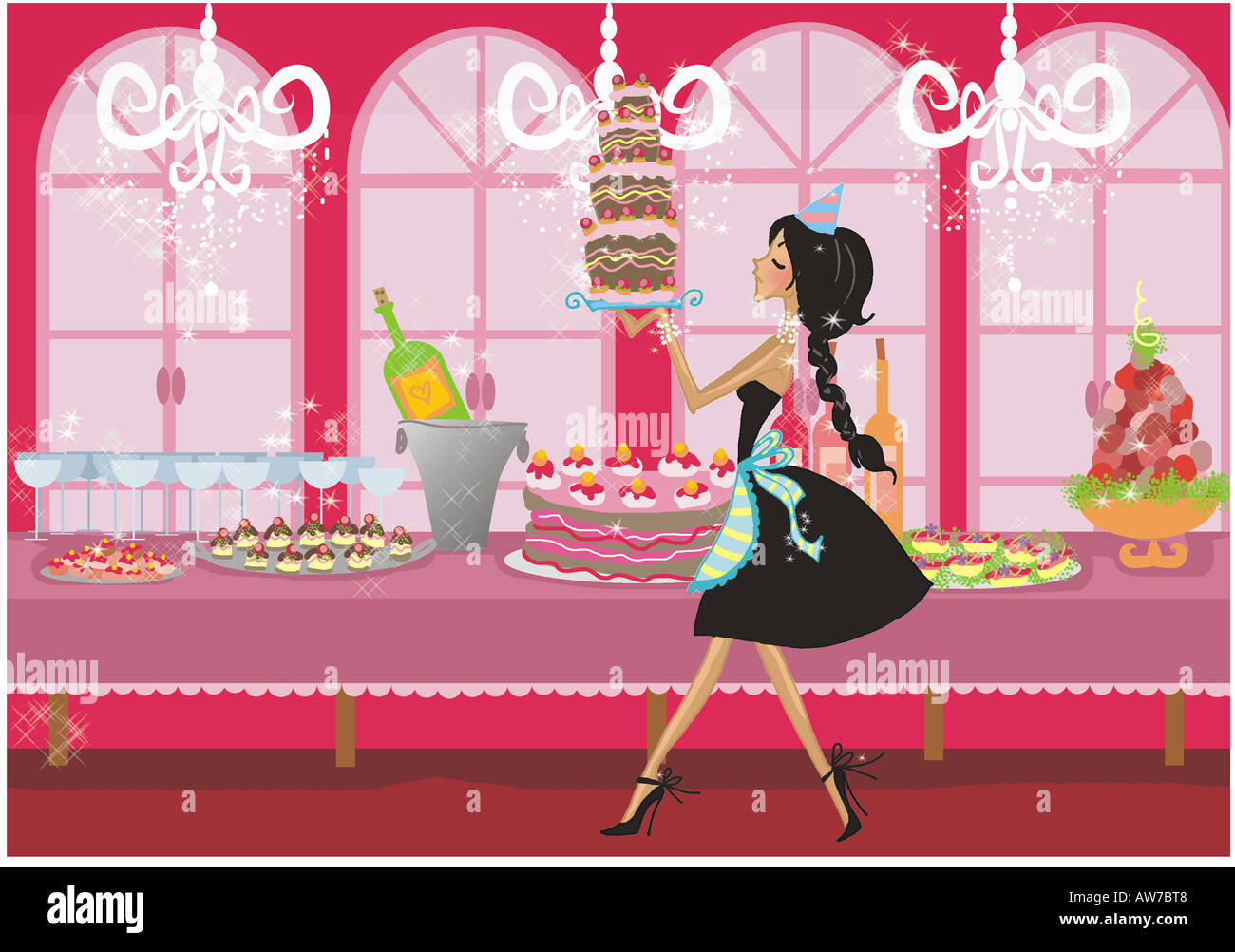 Young woman carrying a tall cake to a table full of sweets Stock Photo ...
