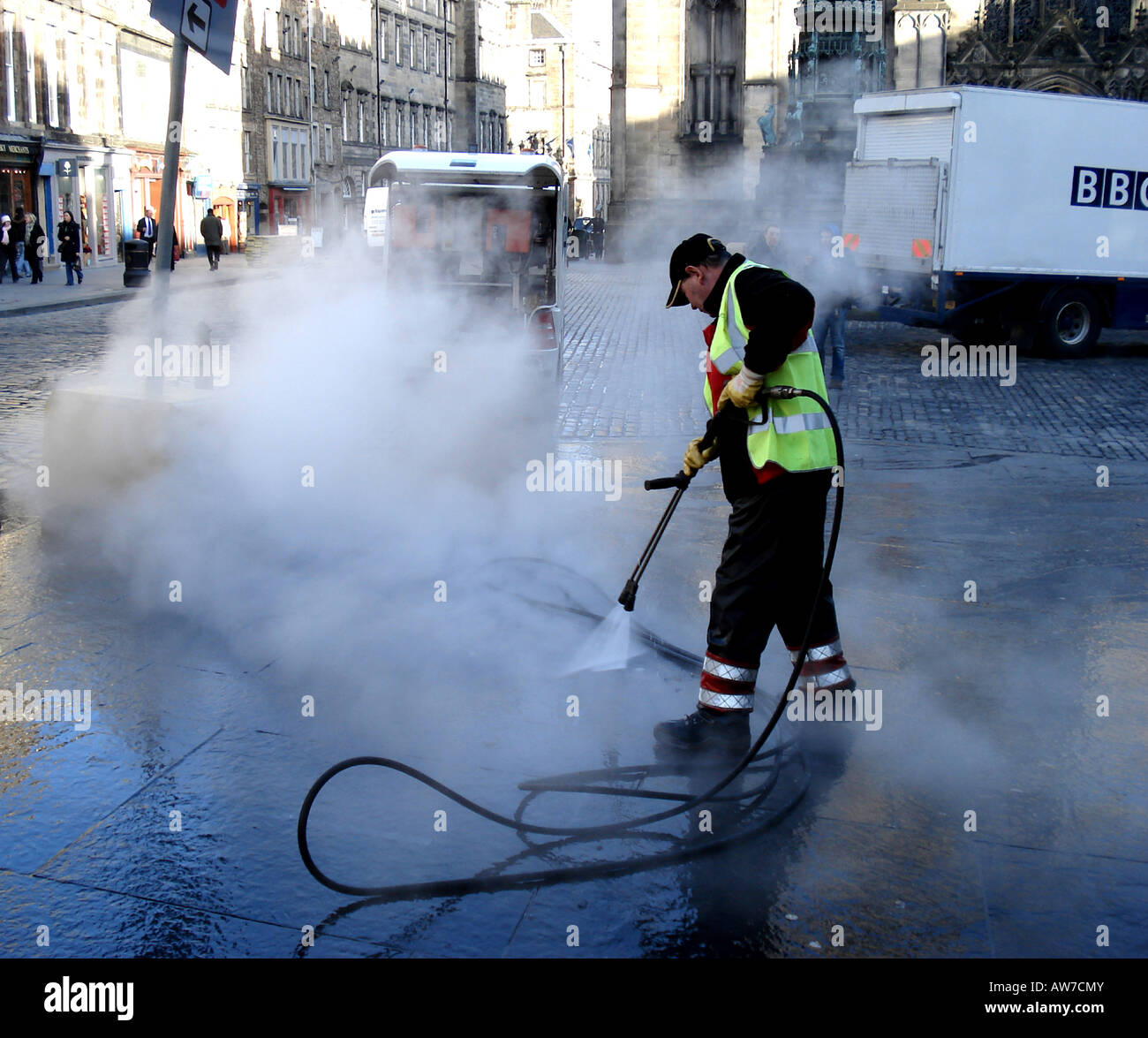 High pressure water jet used for street cleaning in Edinburgh Stock ...