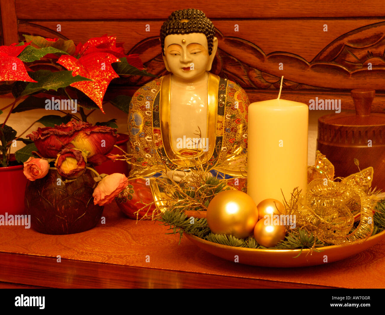 Christmas arrangement with Buddha Stock Photo - Alamy