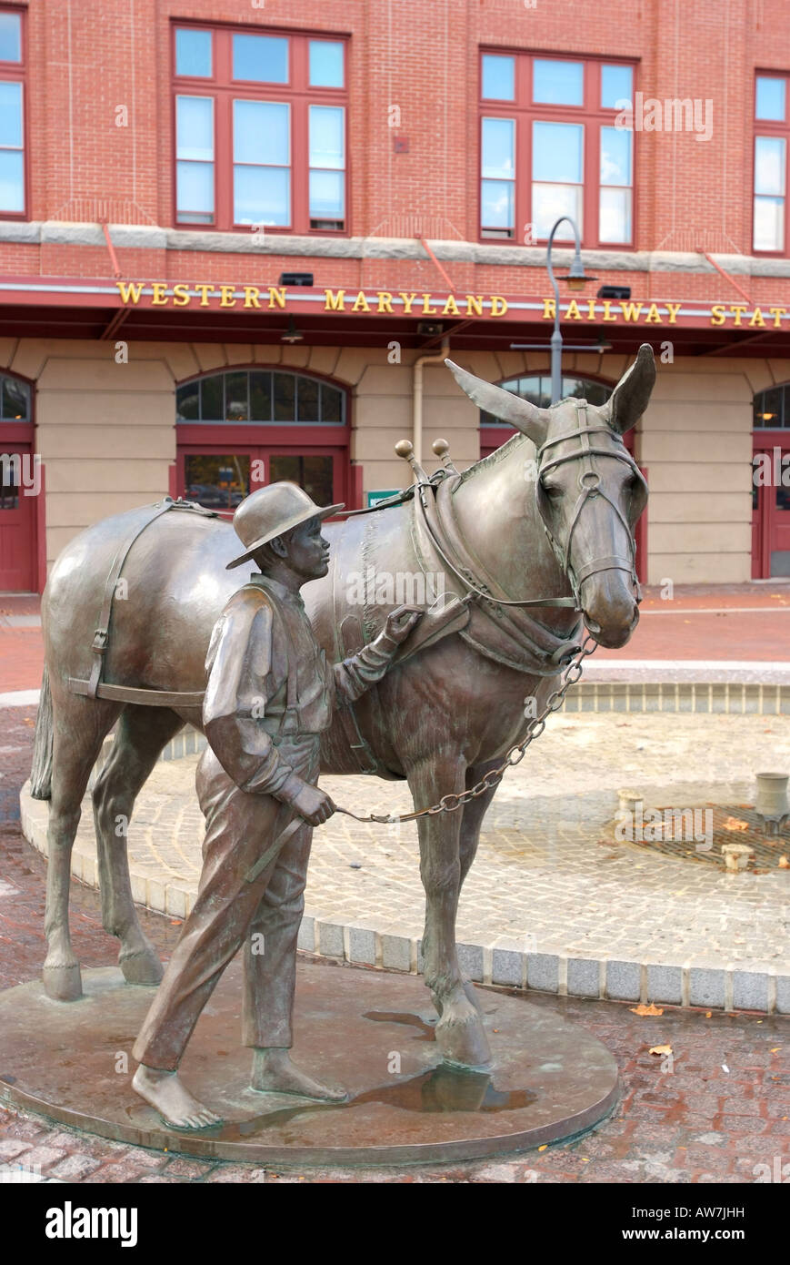 USA Cumberland MD A statue of a mule and a boy greets vistors of the ...