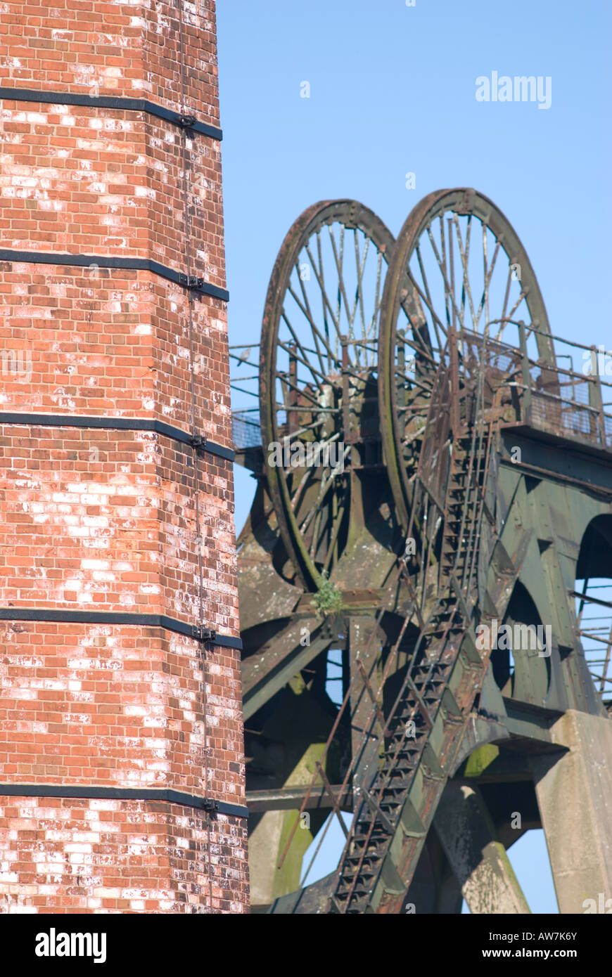 Pleasley colliery disused Winding wheels and brick chimney Stock Photo ...
