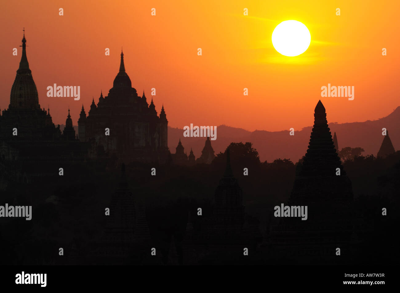 The temples of Bagan at sunset in the old ruined town of Bagan Myanmar ...