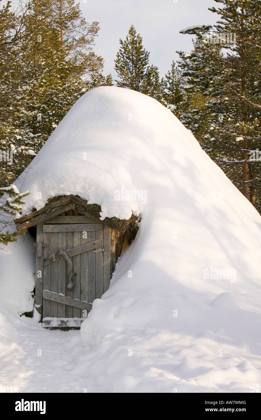 A traditional Lapland turf cabin home near Saariselka Northern Finland ...