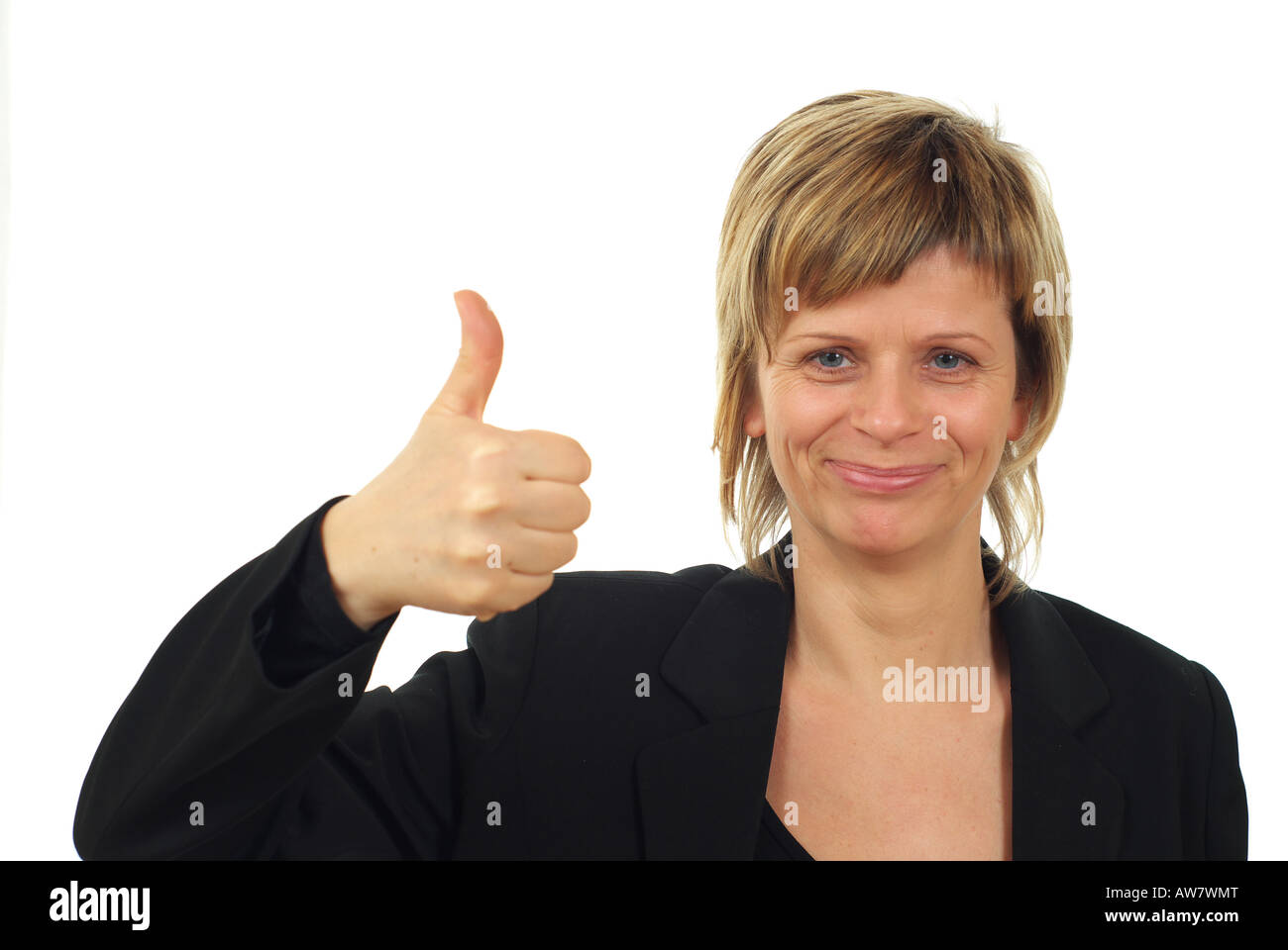 Business Woman giving thumbs up Studio shoot on white background Stock ...