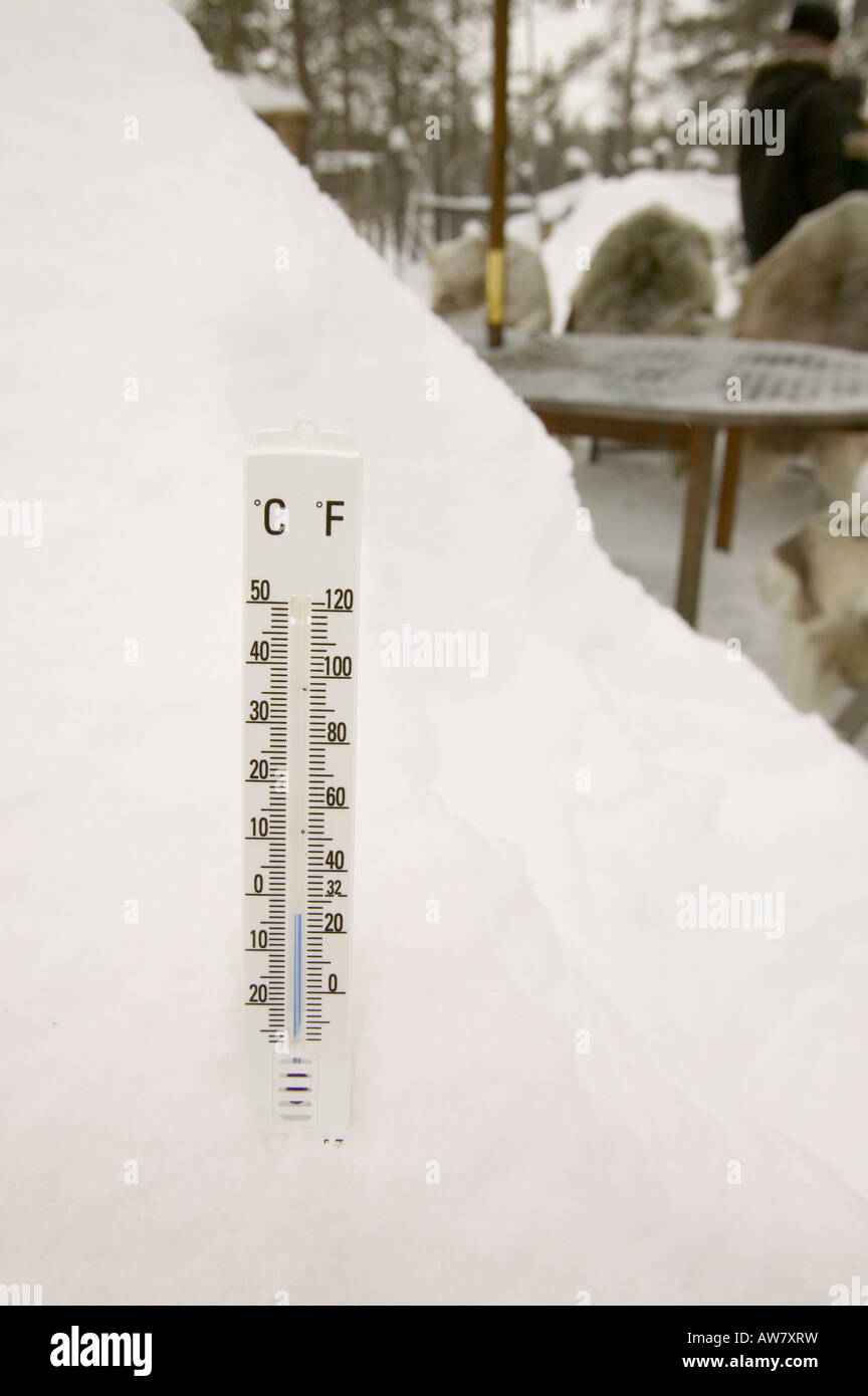 A thermometer reading minus 6 degrees celcius in Saariselka northern ...